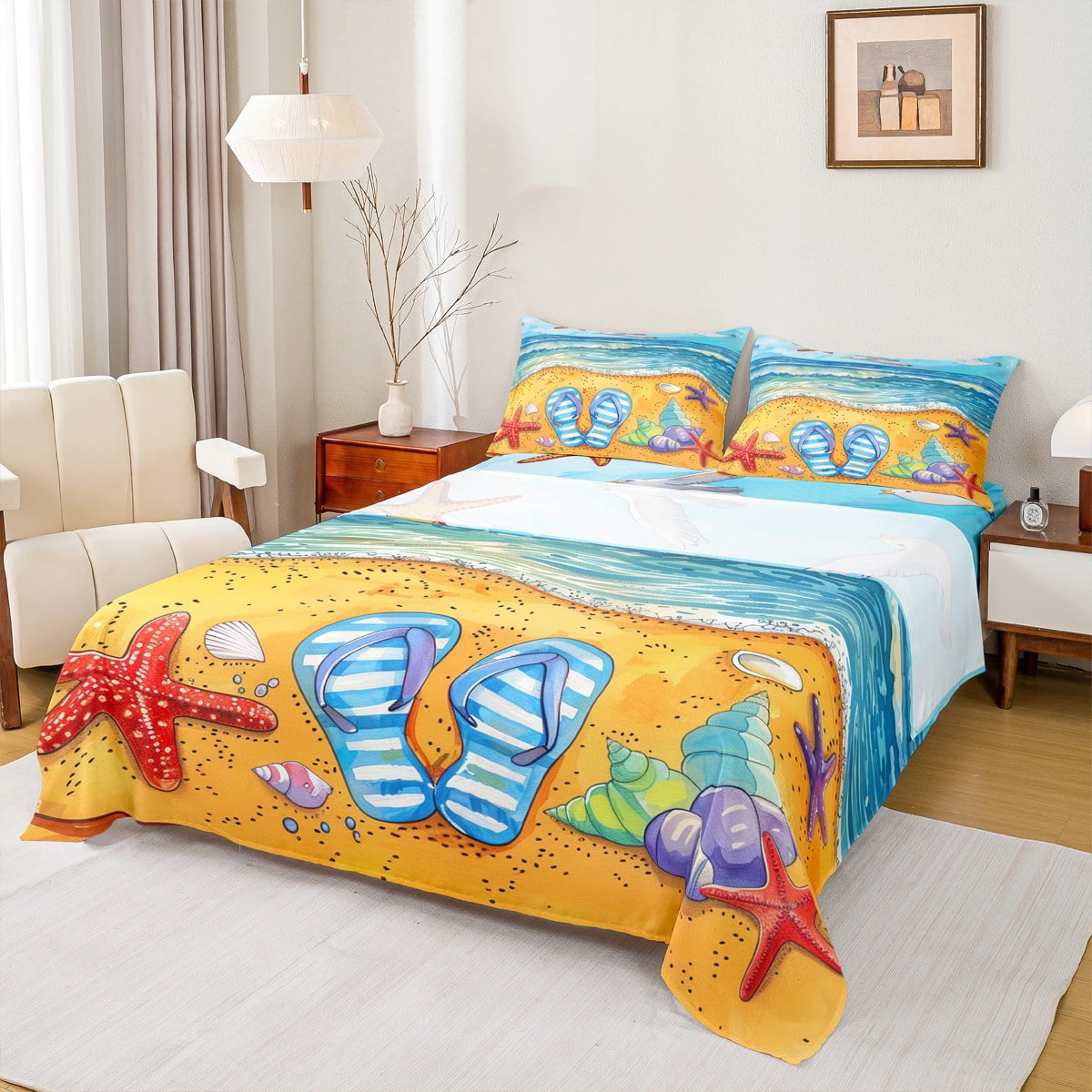 jejeloiu Sea Beach Scallop Bed Sheets,Starfish Conch Seagull King ...