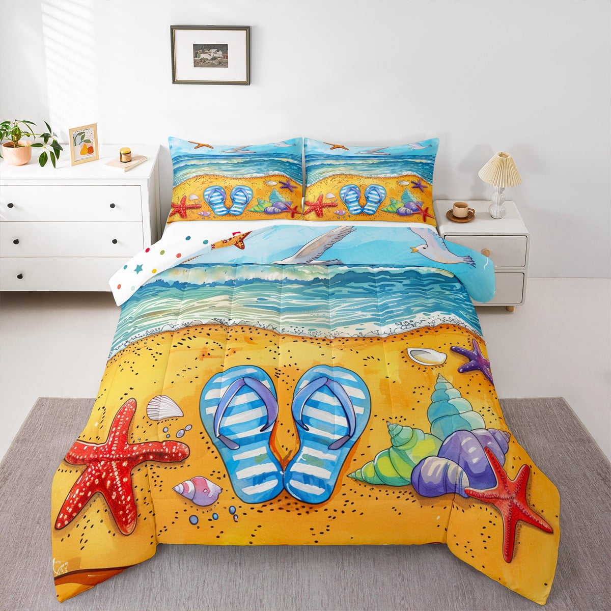 jejeloiu Sea Beach Scallop Queen Comforter Set,Starfish Conch Seagull ...