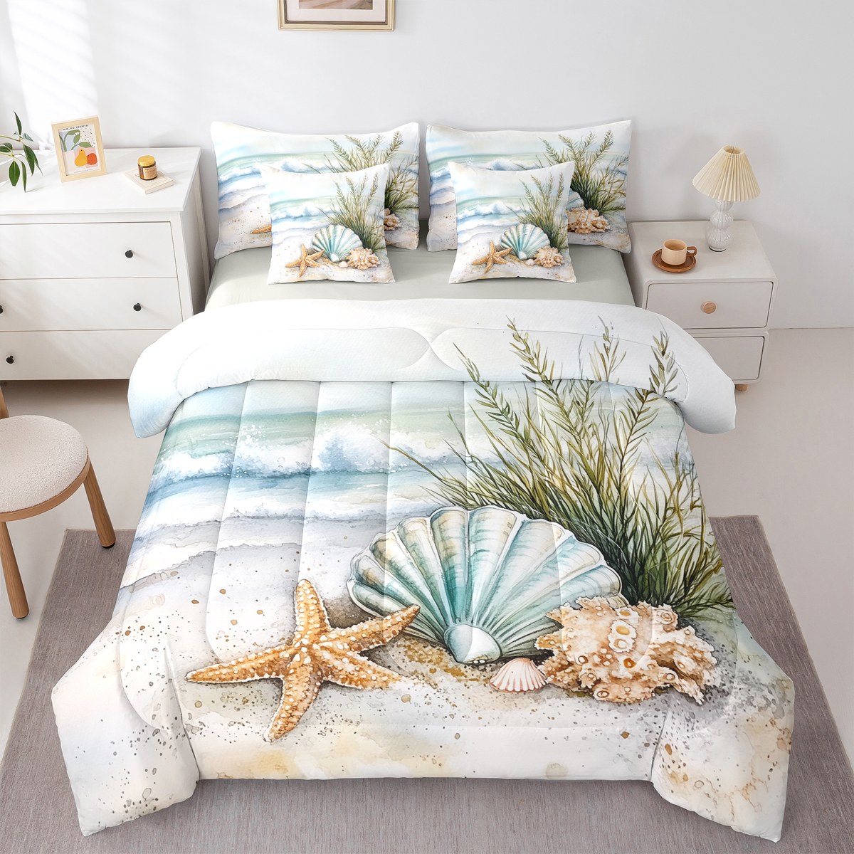 jejeloiu Sealife Starfish Shell Bedding Comforter Set 7pcs,Ocean Sea ...