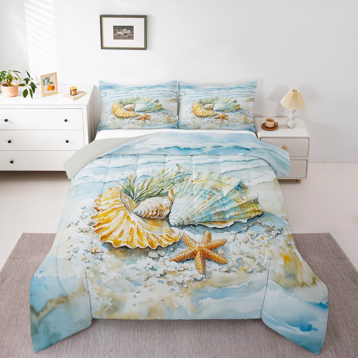 jejeloiu Sealife Starfish Shell Bedding Comforter Set,Ocean Sea Theme ...