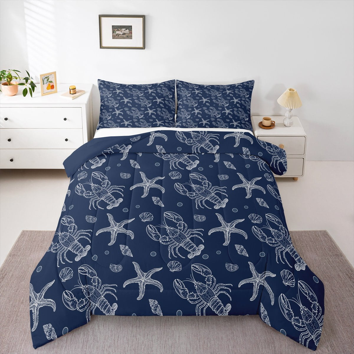 jejeloiu Seaside Sea Animals Bedding Comforter Set,Coastal Lobster ...