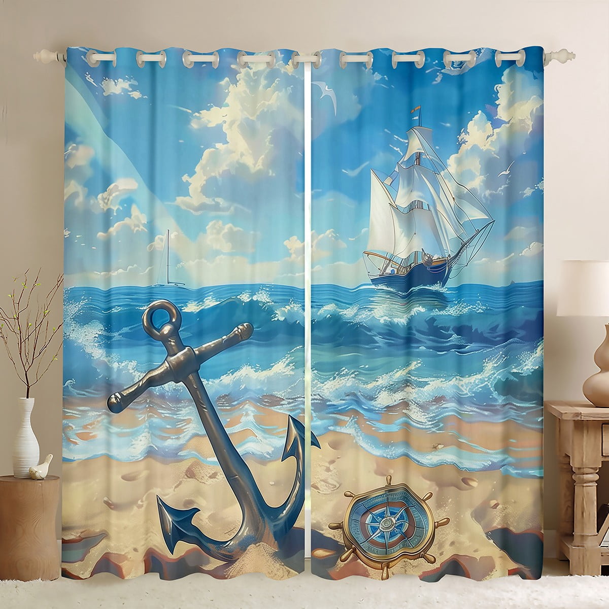 jejeloiu Ship Anchor Sailboat Black Out Curtains,Nautical Theme ...