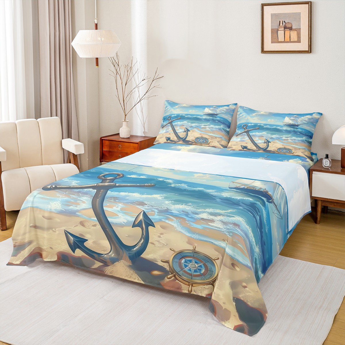 jejeloiu Ship Anchor Sailboat Full Size Sheets,Nautical Theme Bed ...