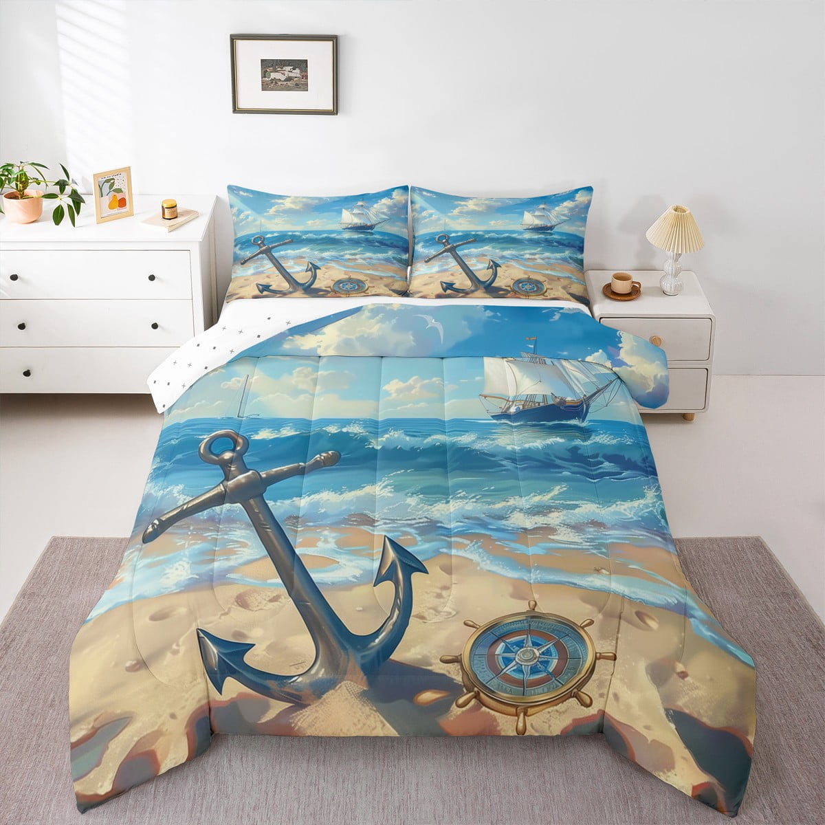 jejeloiu Ship Anchor Sailboat King Size Comforter Sets,Nautical Theme ...