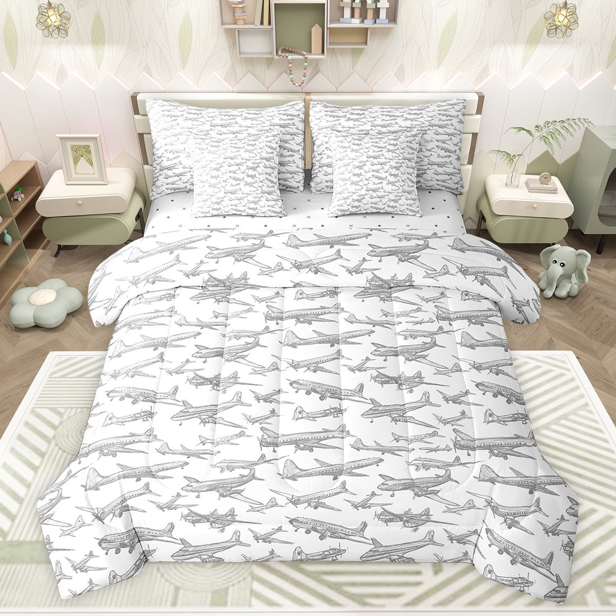 jejeloiu Sketch 3D Airplane 7-Piece Bedding Comforter Set,Modern ...