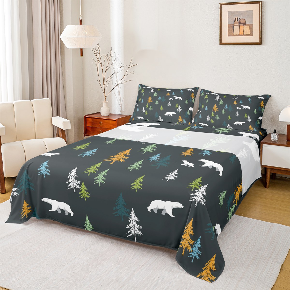 jejeloiu Sketch Colorful Pine Full Size Sheets,Cute White Bear Bed ...