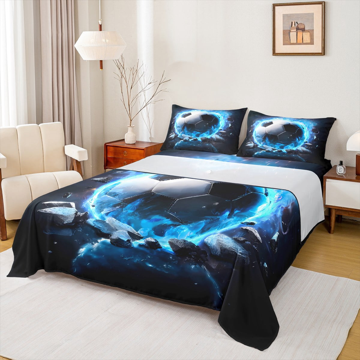 jejeloiu Socer Game Queen Sheet Sets,Football Sport Flat Sheet,Blue ...