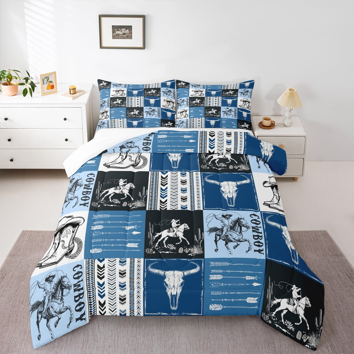 jejeloiu Southwest Cowboys Bedding Comforter Set,Retro Bull Skull Twin ...