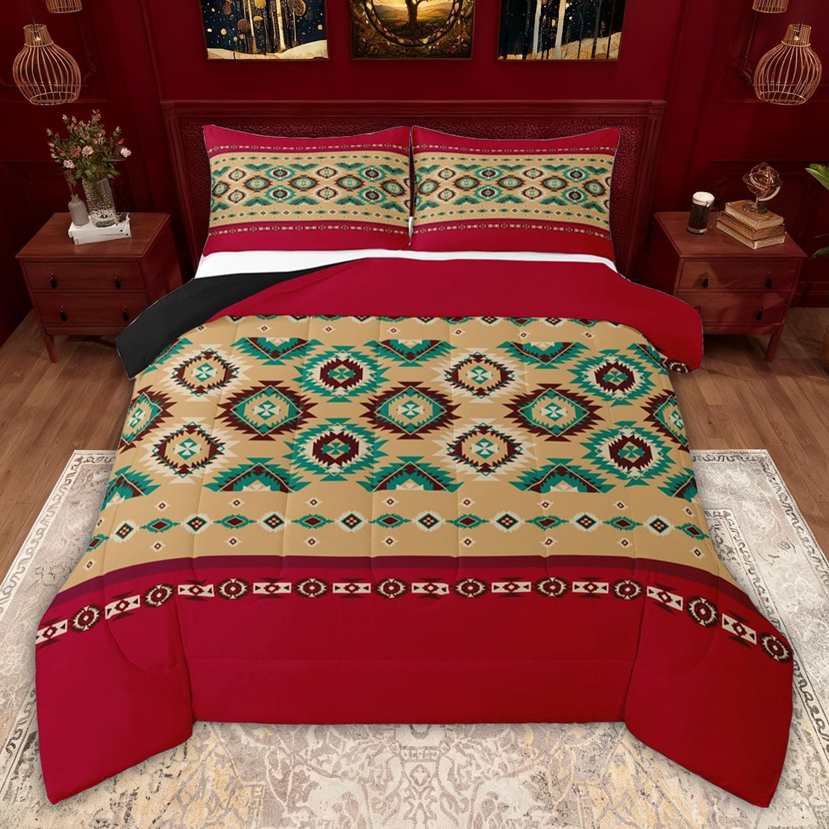 jejeloiu Southwestern Aztec Geometric Queen Comforter Set,Red Brown ...
