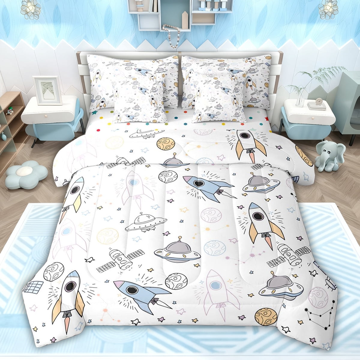 jejeloiu Space Rocket Aircraft 7 Pieces Bedding Comforter Set,Cute ...