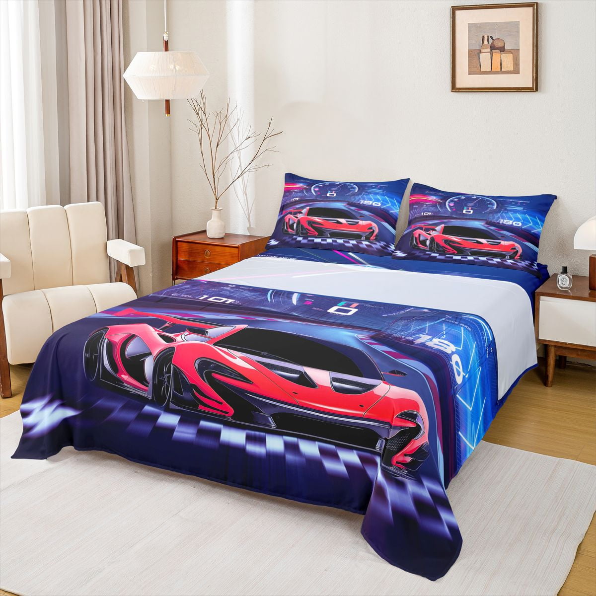 jejeloiu Speed Sport Car Bed Sheets,Extreme Racing Game King Sheets,Red ...