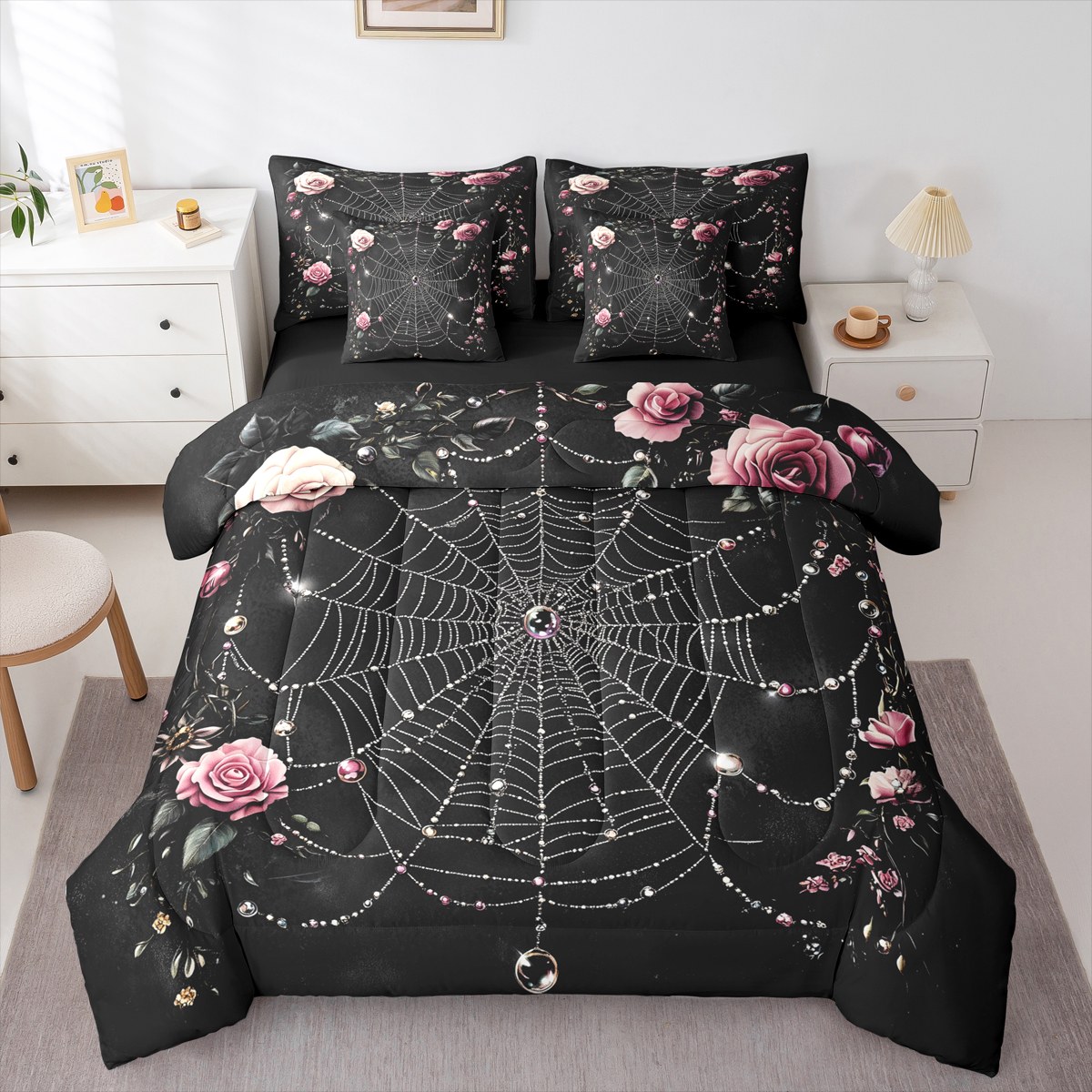 jejeloiu Spider Webs Bedding Comforter Set 7 Pieces,Pink Flower Rose ...