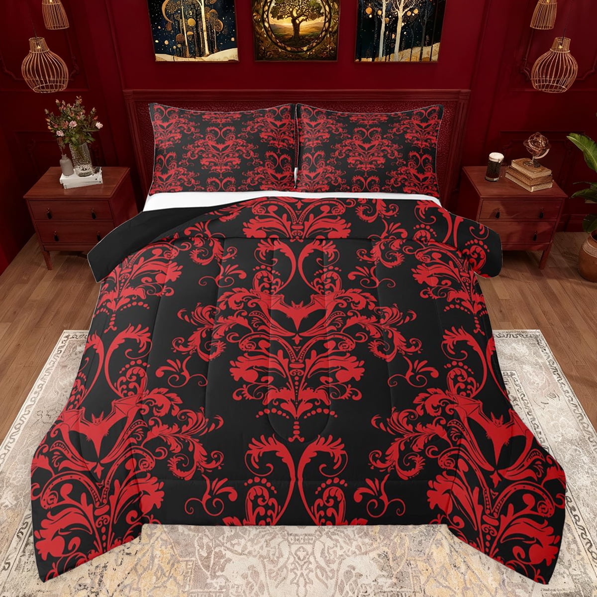 jejeloiu Spooky Bat Full Comforter Set Vintage Bohemian Red Damask ...