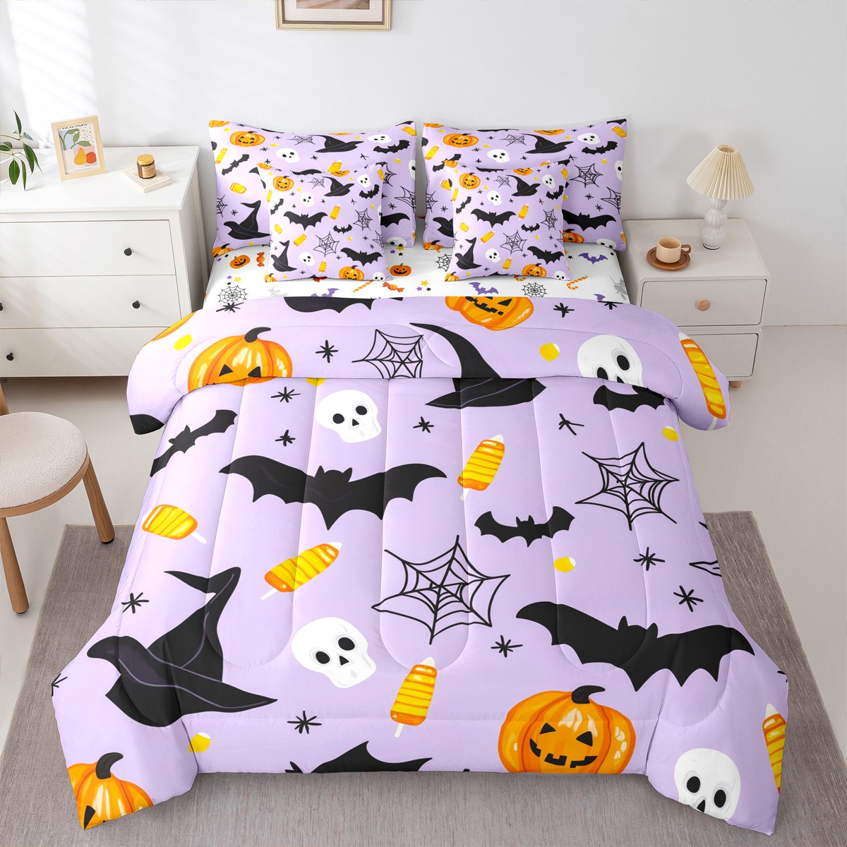 jejeloiu Spooky Halloween 7-Piece Bedding Comforter Set,Gothic Skull ...