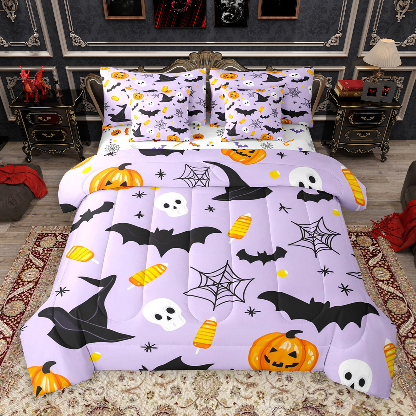 jejeloiu Spooky Halloween 7pcs Bedding Comforter Set,Gothic Skull ...