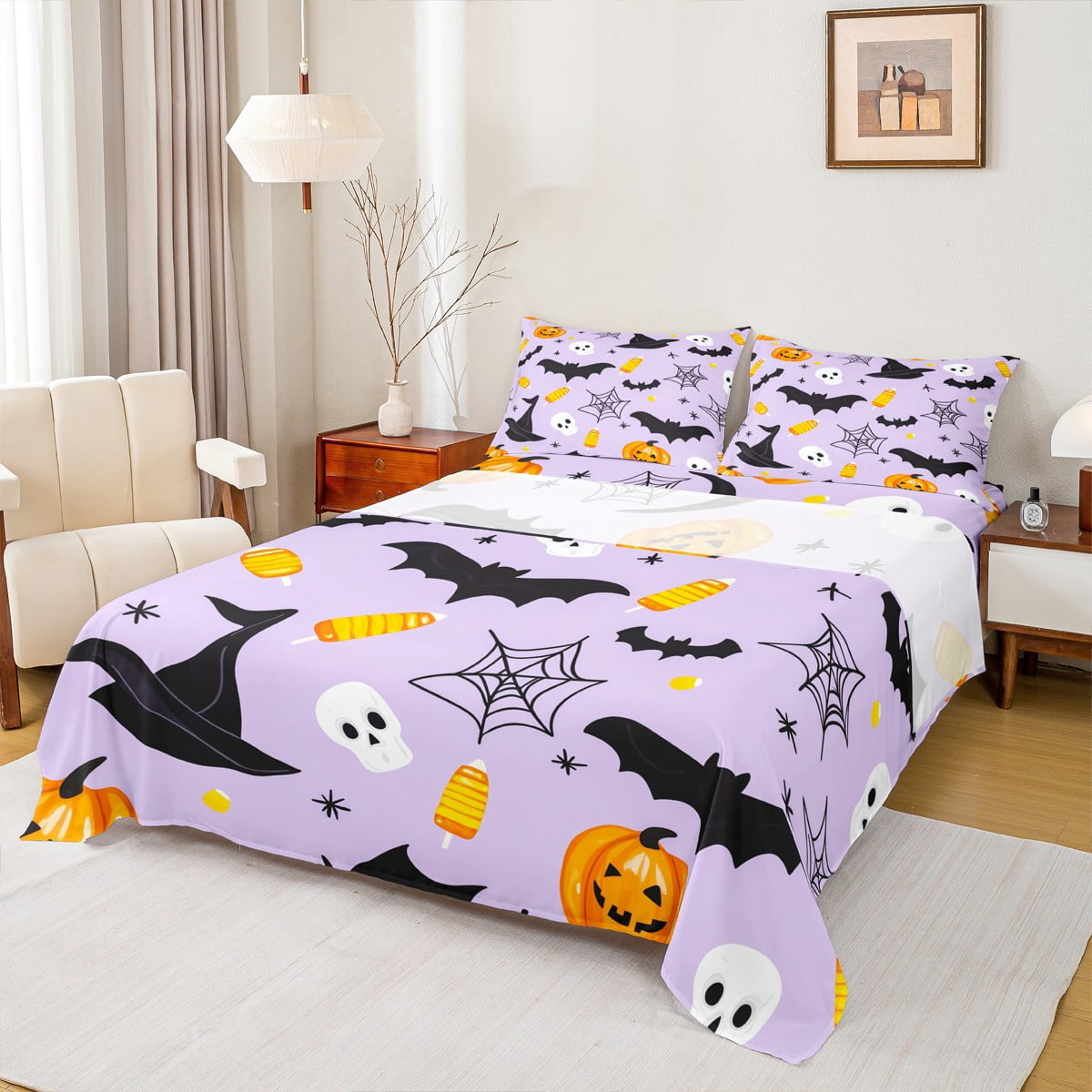 jejeloiu Spooky Halloween Full Size Sheets,Gothic Skull Skeleton Bed ...