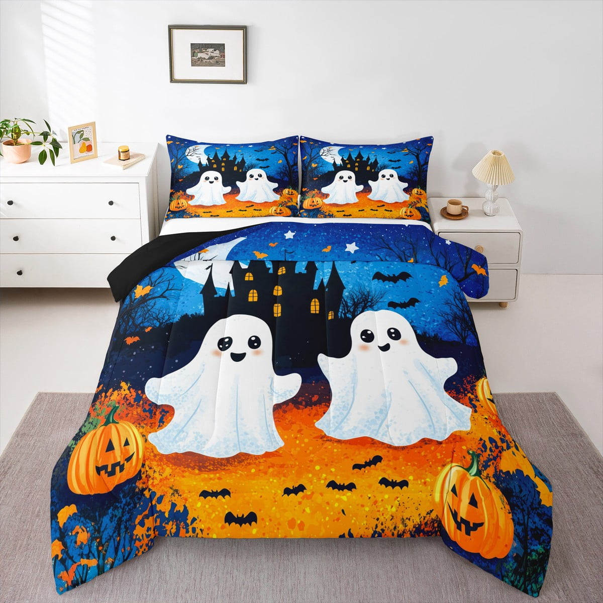 jejeloiu Spooky Halloween Queen Comforter Set,Kawaii Ghost Pumpkin ...