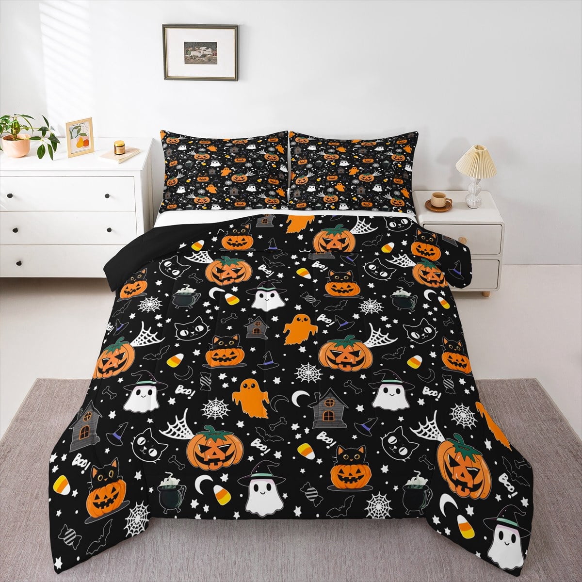 jejeloiu Spooky Pumpkin Bedding Comforter Set,Halloween Ghost Twin ...