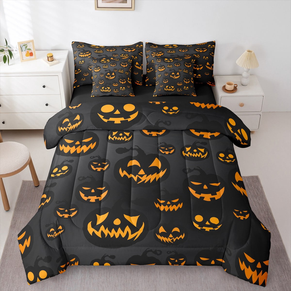 jejeloiu Spooky Pumpkin Lantern Twin Bedding Sets 7-Piece,Happy ...