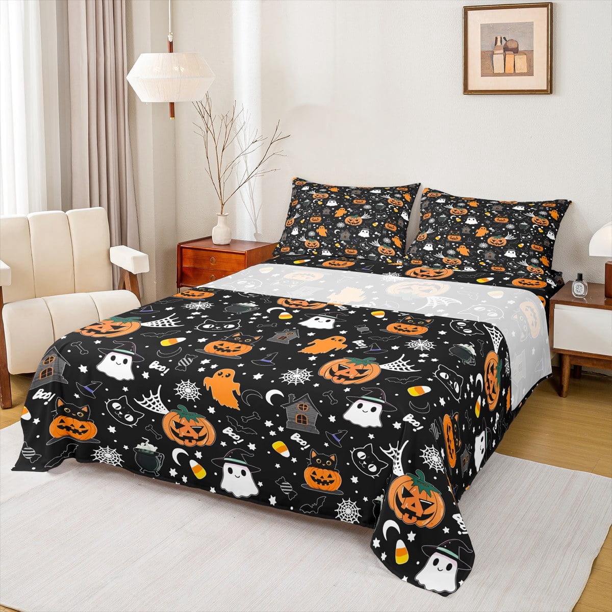 jejeloiu Spooky Pumpkin Twin Sheet Sets,Halloween Ghost Twin Fitted ...