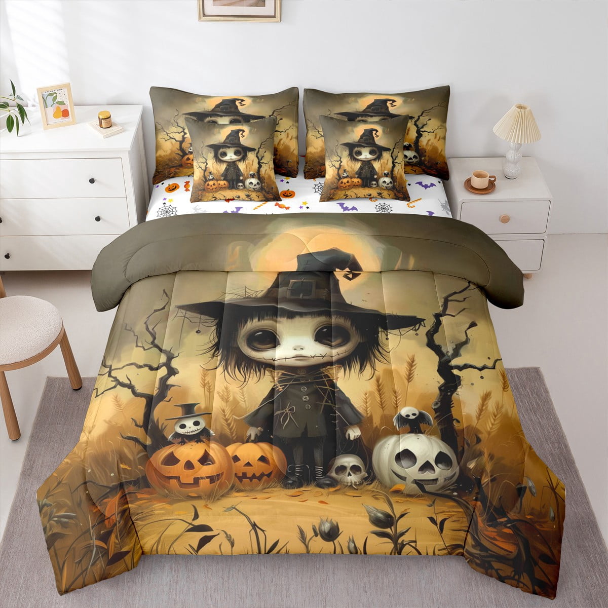 jejeloiu Spooky Skeleton Pumpkin Bedding Comforter Set 7-Piece ...