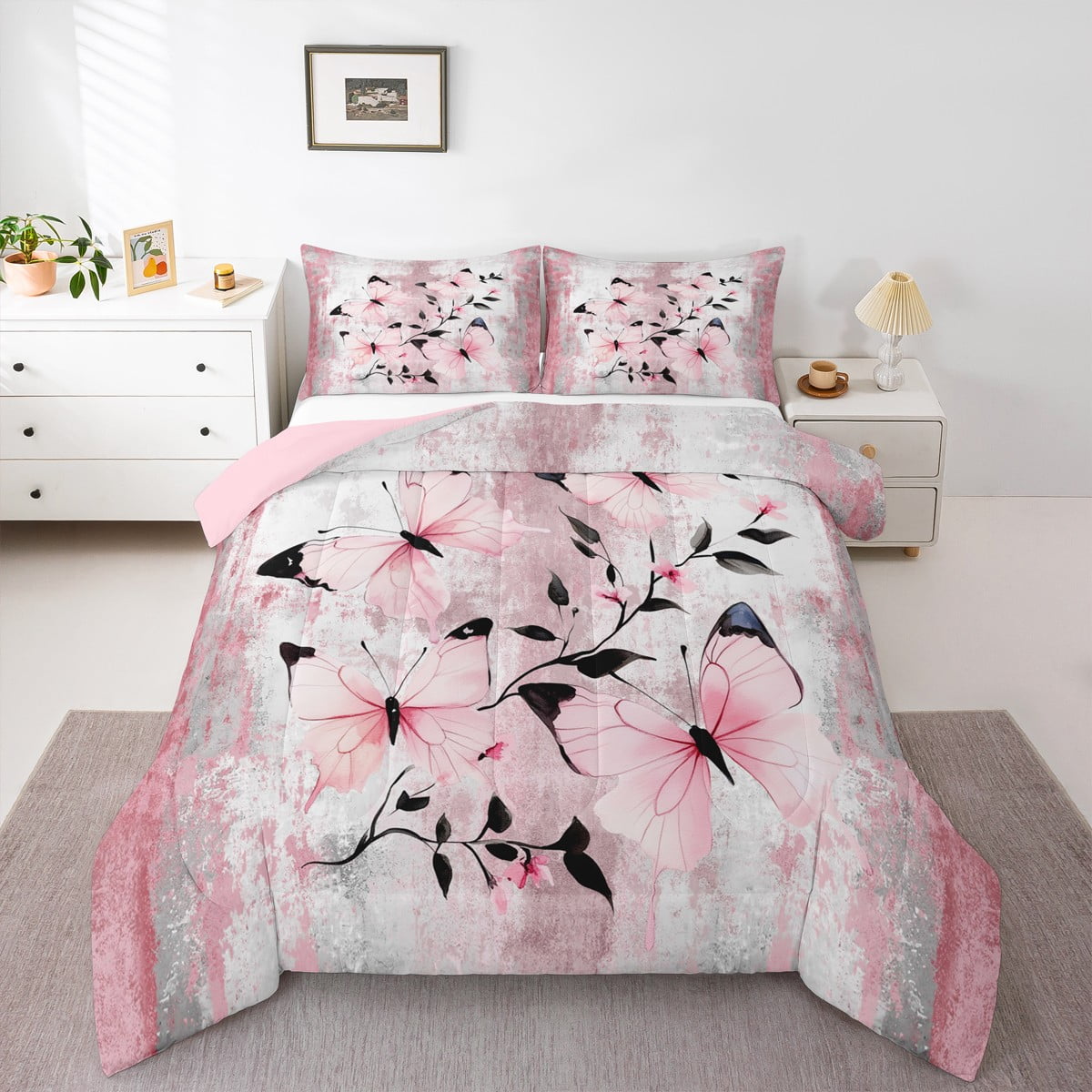 jejeloiu Spring Butterflies Floral Bedding Comforter Set,Country ...