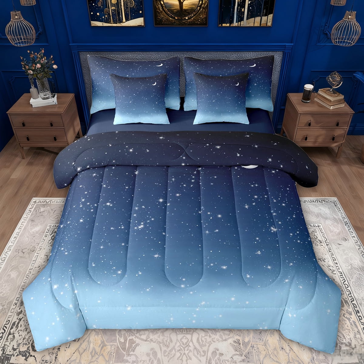 jejeloiu Starry Sky 7-Piece Bedding Comforter Set,Universe Nebula Theme ...
