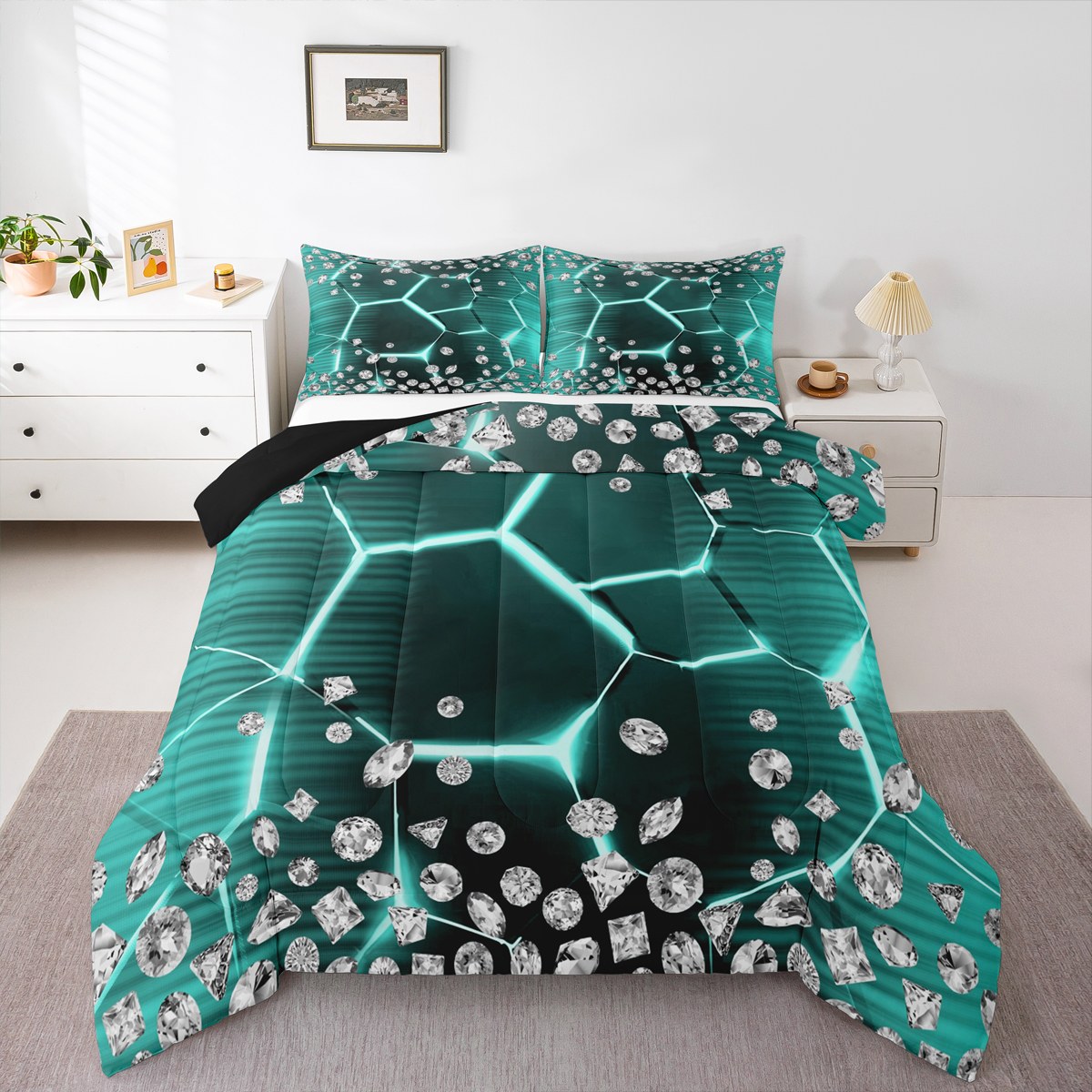jejeloiu Stereoscopic Geometry Honeycomb Bedding Comforter Set,Green ...