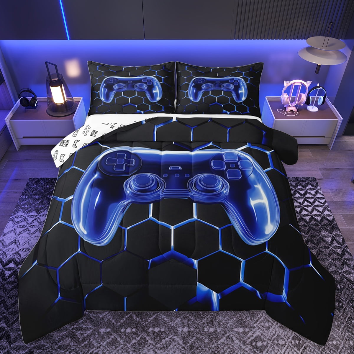 jejeloiu Stereoscopic Honeycomb Bedding Comforter Set,Blue Game Console ...