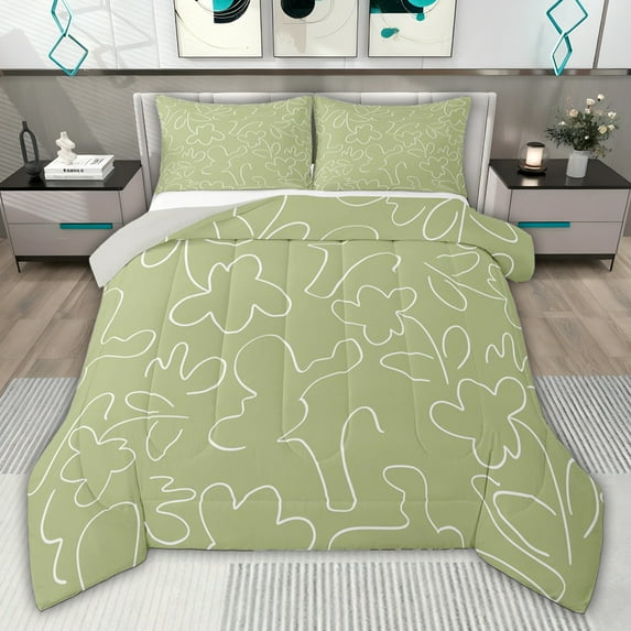 jejeloiu Stripe Line Flower Queen Comforter Set,Green White Bedding ...