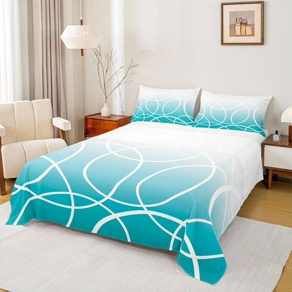jejeloiu Stripes Lines Circle Full Size Sheets,Cyan White Bed Sheets For Teens Kids 4-Piece ...