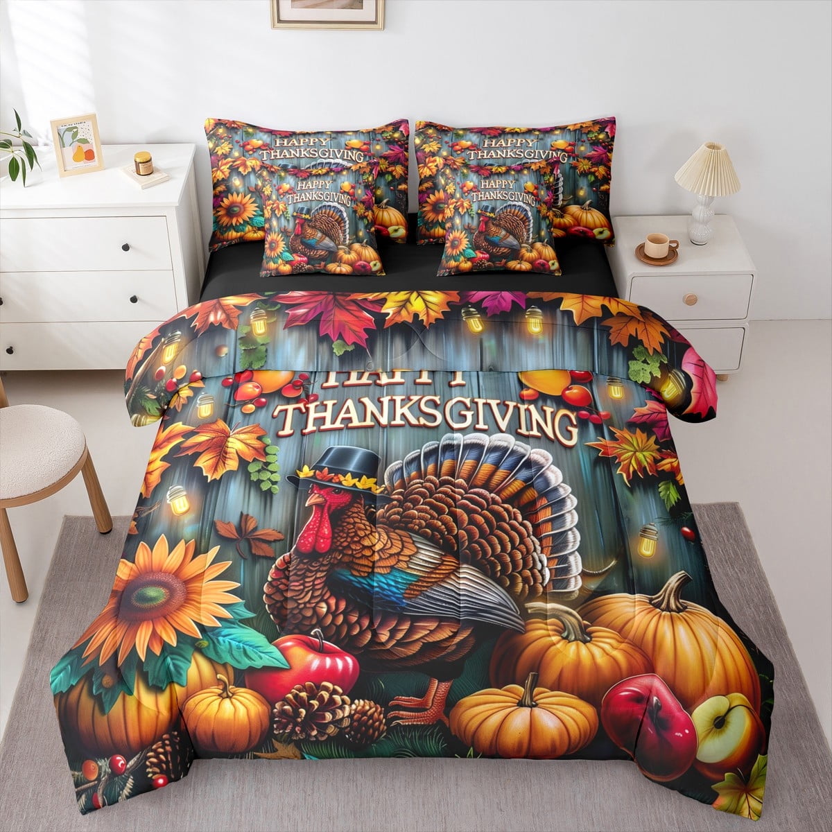 jejeloiu Thanksgiving Day Bedding Comforter Set 7-Piece,Turkey Pumpkin ...