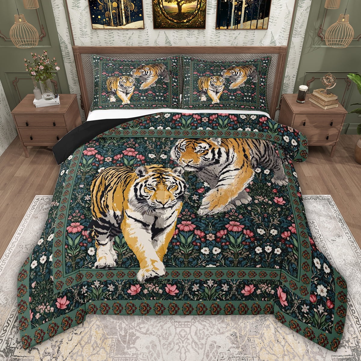 jejeloiu Tiger Animals Lover Queen Comforter Set,Oil Painting Artwork ...