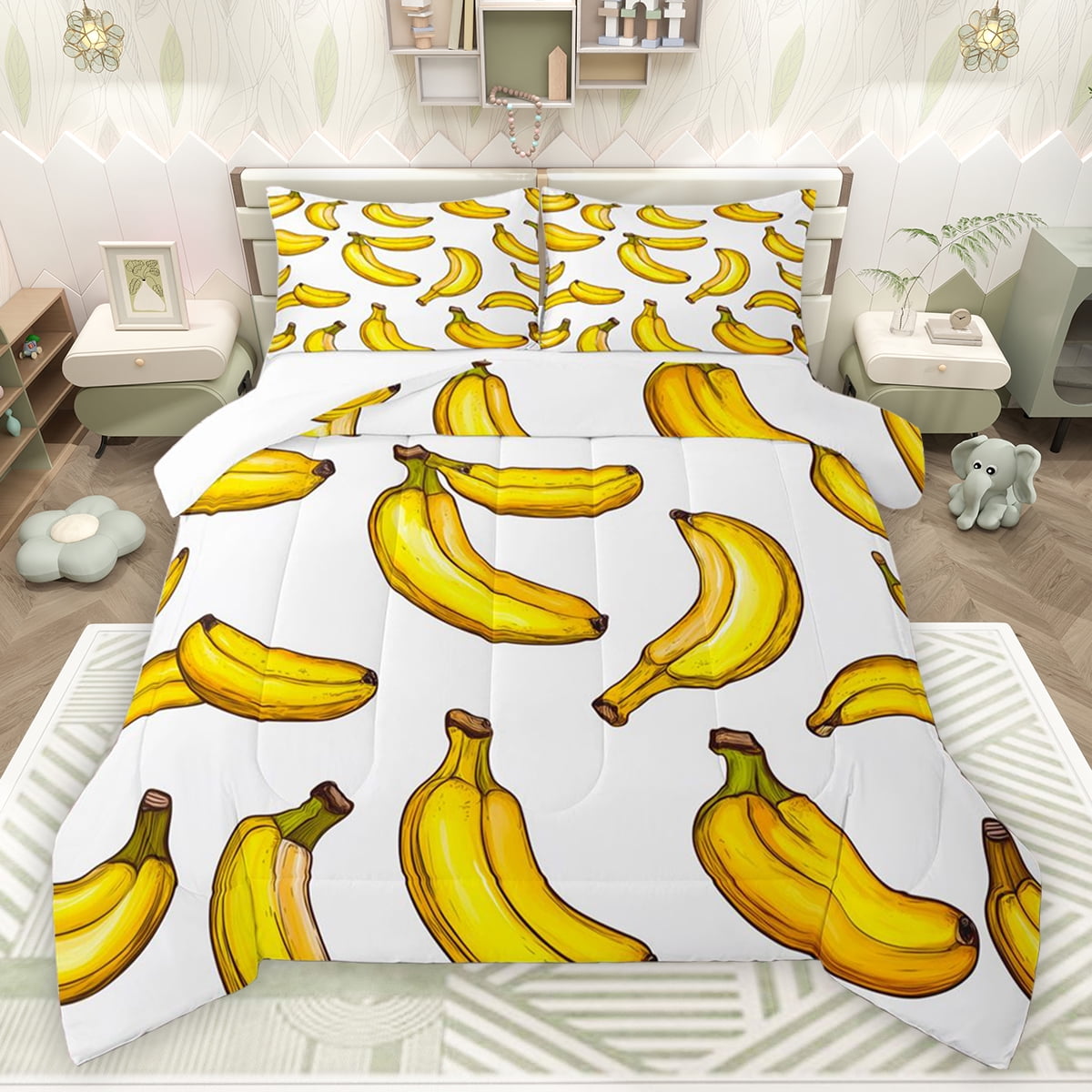 jejeloiu Tropical Fruit Bedding Comforter Set,Cartoon Banana Twin ...