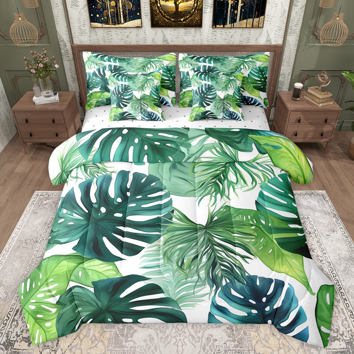 jejeloiu Tropical Monstera Leaf 7-Piece Twin Bedding Sets,Plam Plant Bedding Comforter Set,Green ...