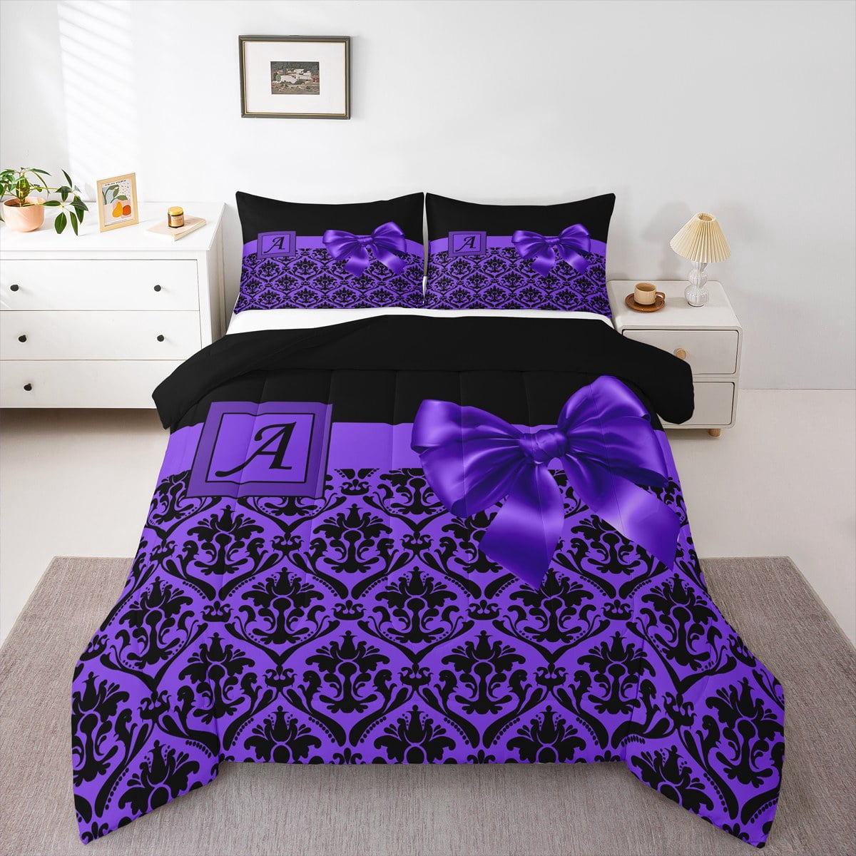 jejeloiu Victorian Damask Flower Bedding Comforter Set,Kawaii Bowknot ...