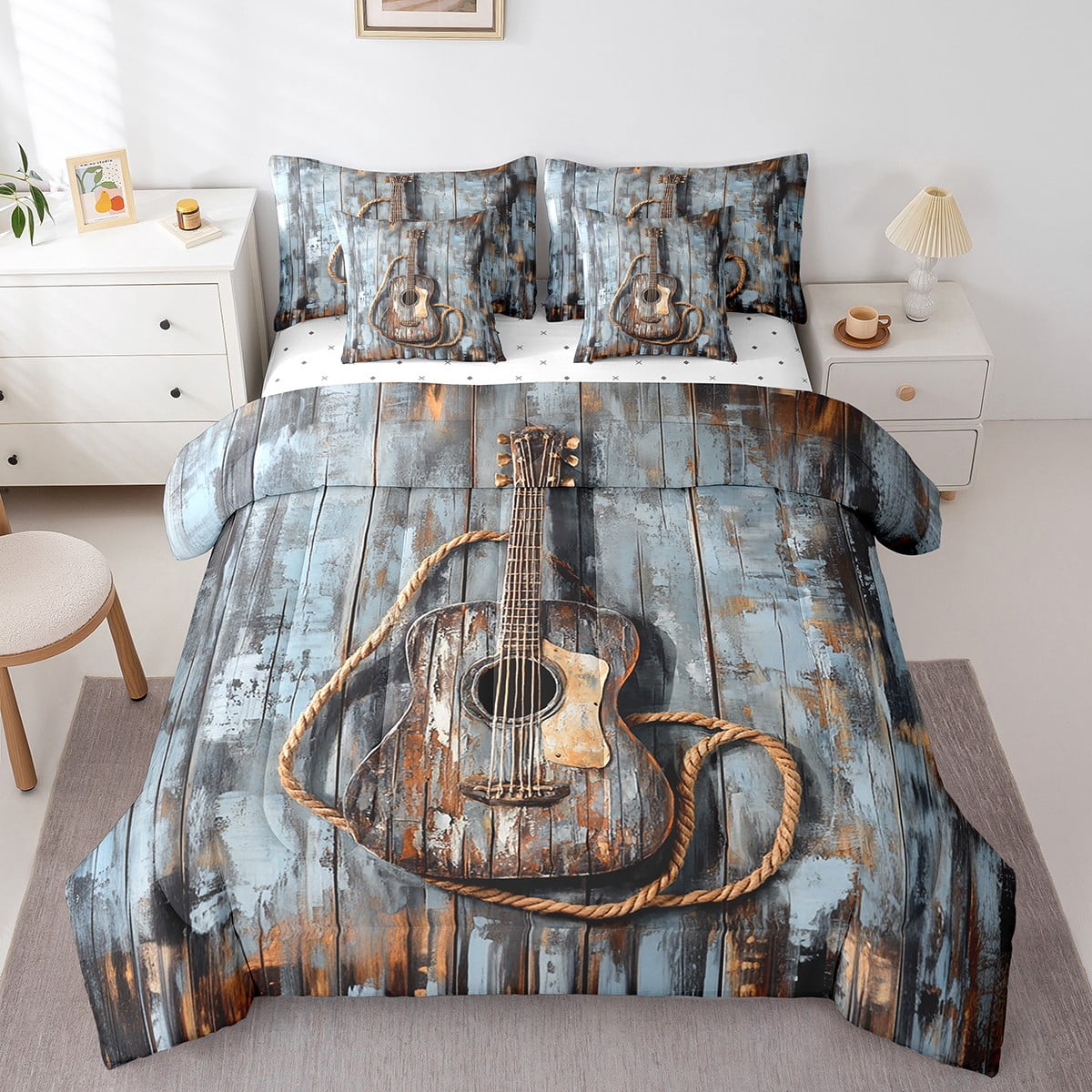 jejeloiu Vintage Acoustic Guitar Bedding Comforter Set,7 Pieces,Old ...