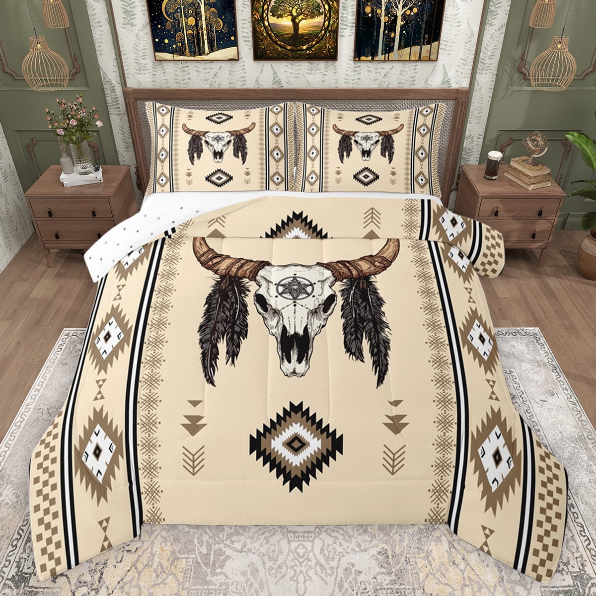 jejeloiu Vintage Aztec Geometric Full Size Comforter Sets,Rustic Bull ...