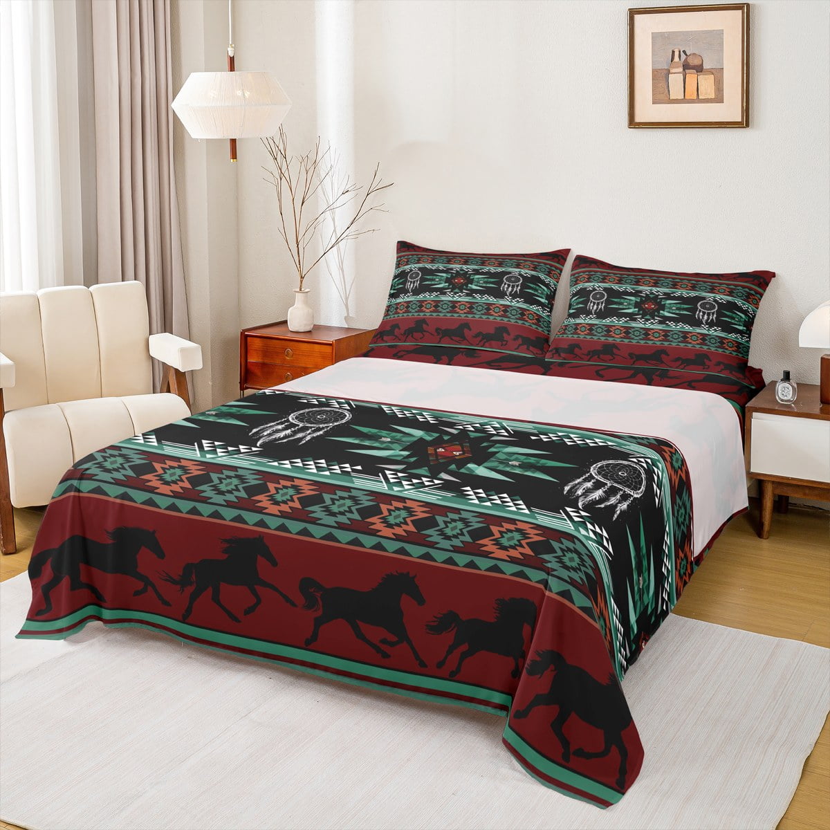 jejeloiu Vintage Aztec Geometric Bed Sheets,Cowboy Farm Horse King ...