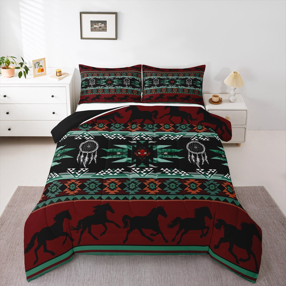 jejeloiu Vintage Aztec Geometry Bedding Comforter Set,Cowboy Farm Horse ...