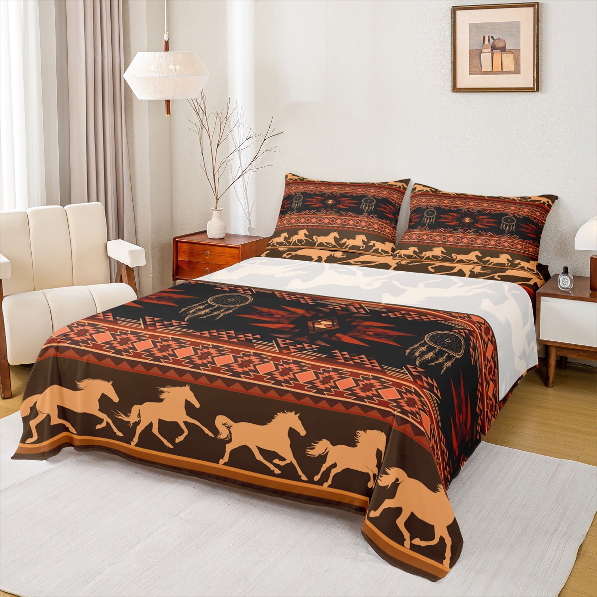 jejeloiu Vintage Aztec Geometry Queen Sheet Sets,Cowboy Farm Horse Flat ...