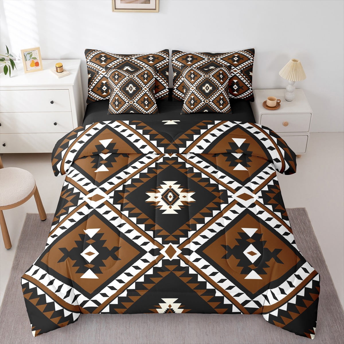 jejeloiu Vintage Aztec Rhombus 7-Piece Twin Bedding Sets,Brown Black ...