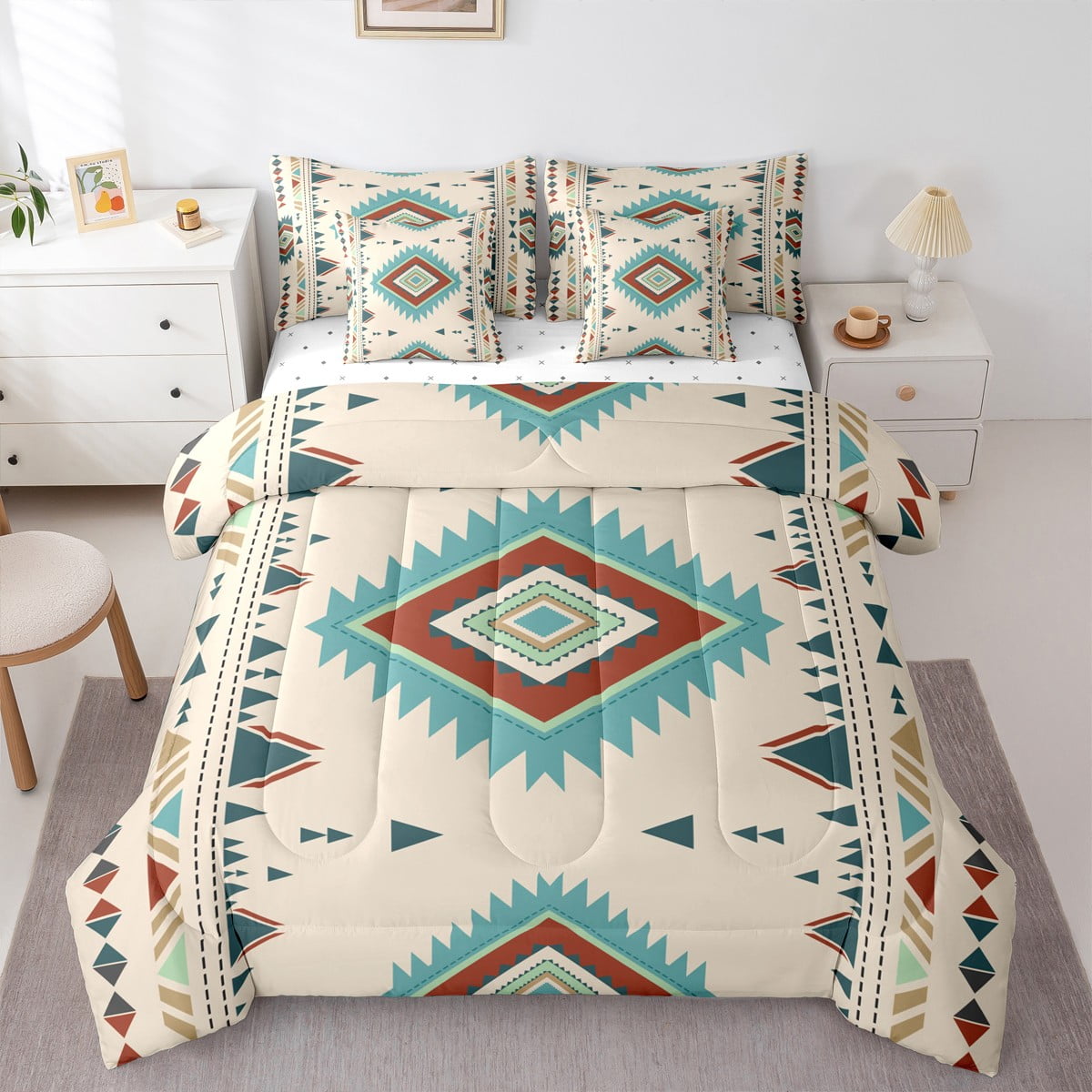 jejeloiu Vintage Aztec Rhombus 7 Pieces Bedding Comforter Set,Cyam ...