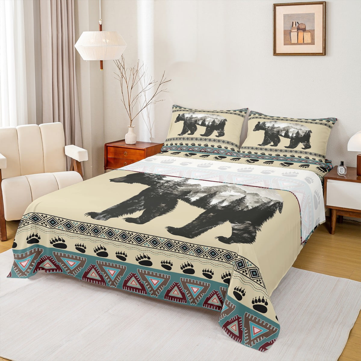 jejeloiu Vintage Boho Aztec Bed Sheets,Jungle Bear Silhouette King Sheets,Natural Landscape ...