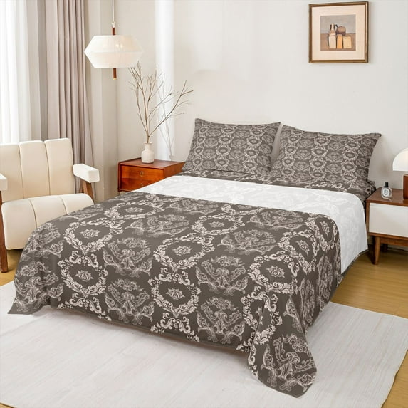 jejeloiu Vintage Boho Floral Full Size Sheets,Brown Beige Damask Print ...