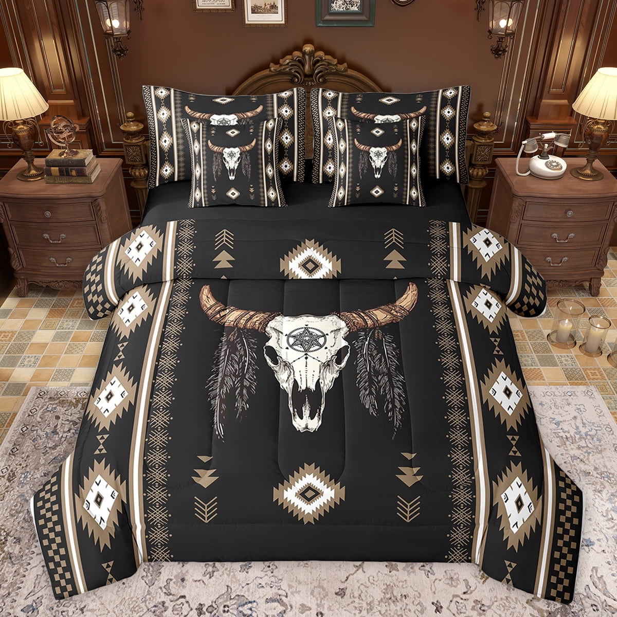 jejeloiu Vintage Bull Skull 7-Piece Bedding Comforter Set,Rustic ...