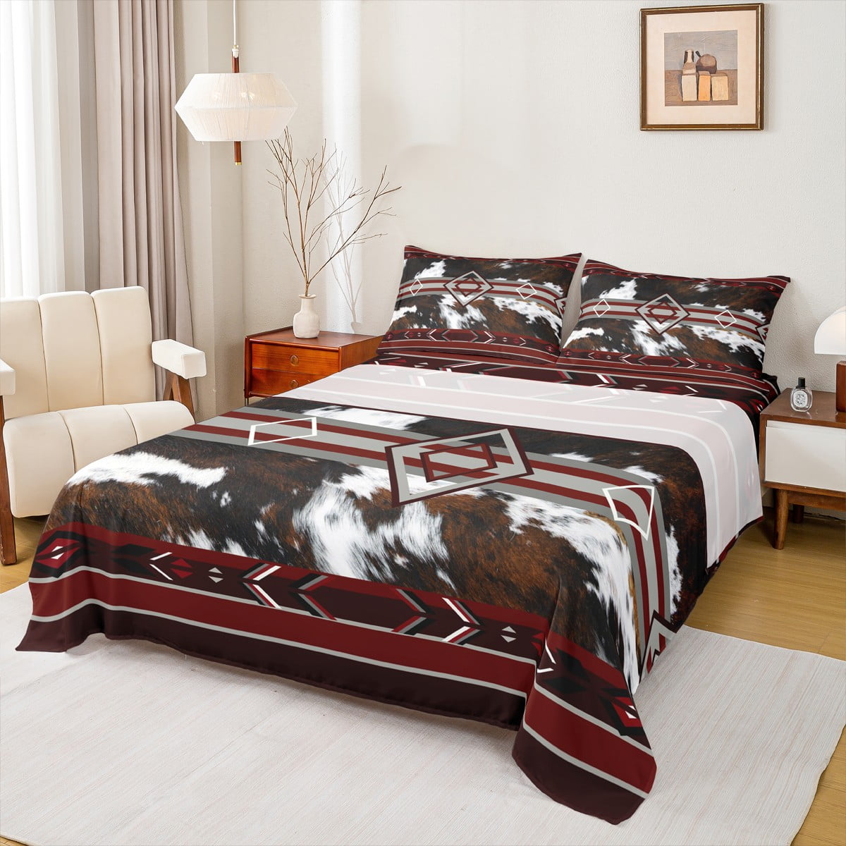jejeloiu Vintage Cattle Hide Bed Sheets,Retro Geometric Stripes King ...