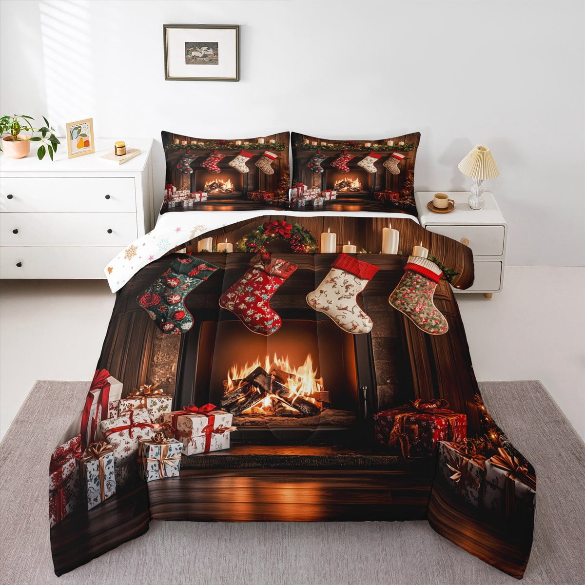 jejeloiu Vintage Christmas Stocking Queen Comforter Set,Merry Christmas ...