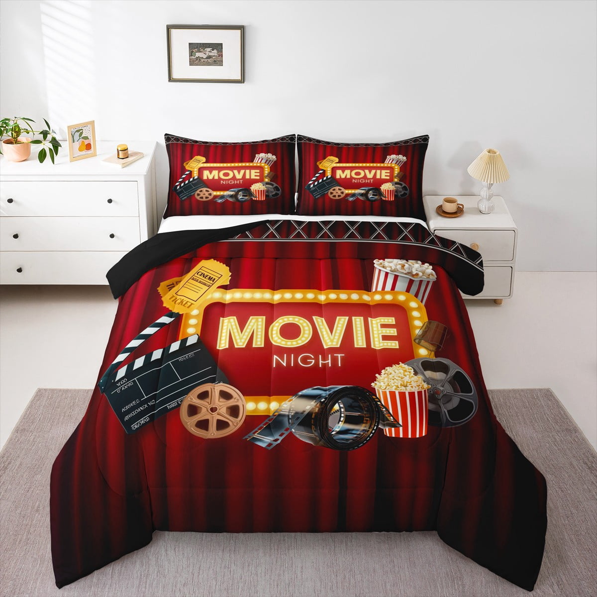 jejeloiu Vintage Cinema Ticket Bedding Comforter Set,Family Film Theme ...