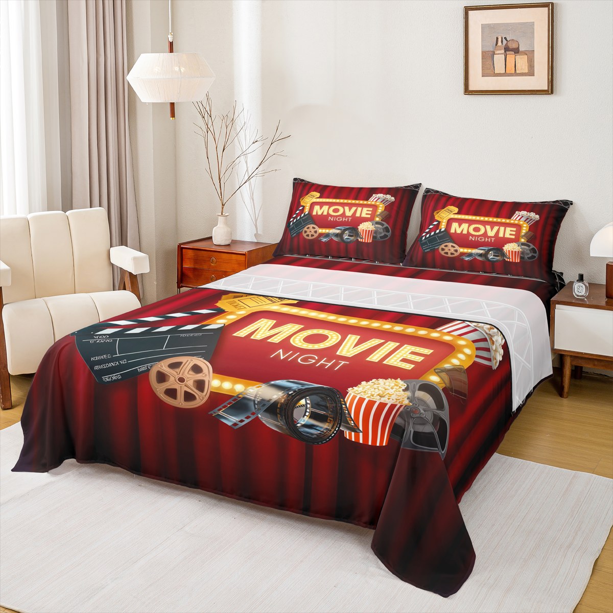 jejeloiu Vintage Cinema Ticket Queen Sheet Sets,Family Film Theme Flat ...
